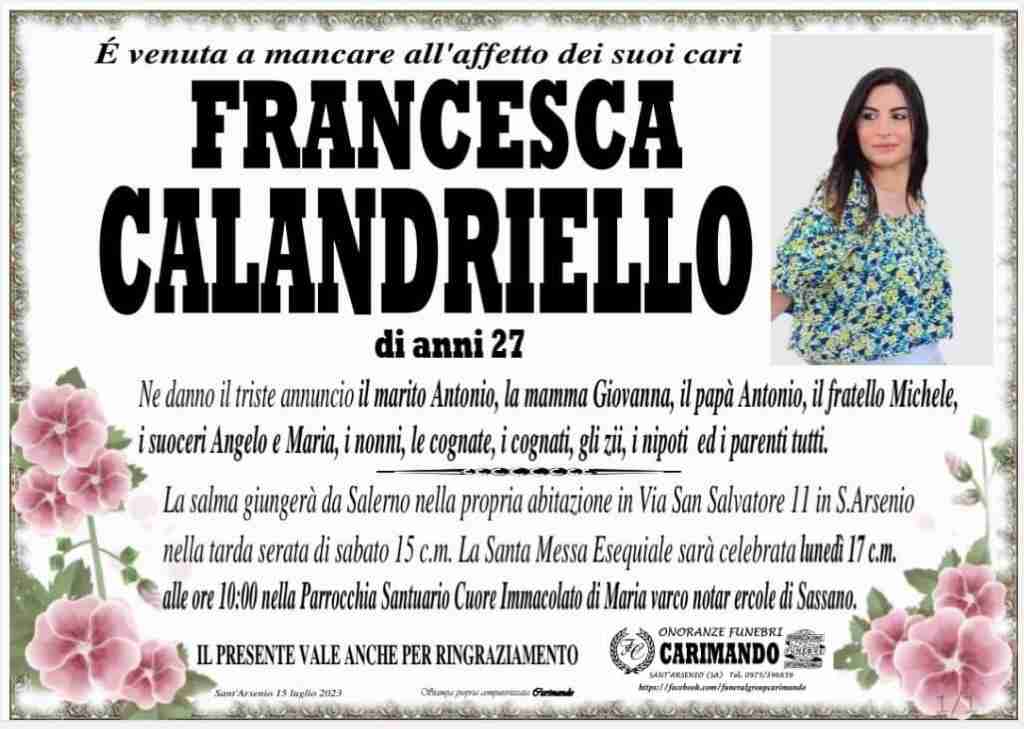 Lunedì 17 luglio a Varco Notar Ercole i funerali di Francesca Calandriello - Unotvweb